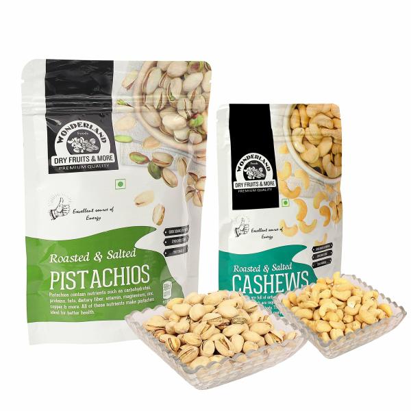 Wonderland Foods Dry Fruits Combo Roasted & Salted Cashews 100g Roasted & Salted Pistachios 200g ...
