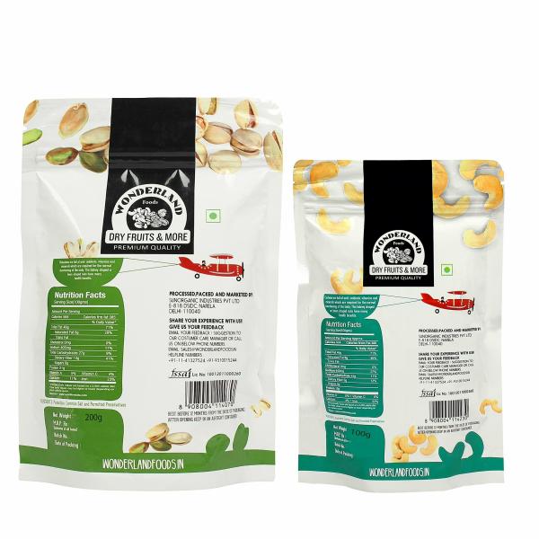 Wonderland Foods Dry Fruits Combo Roasted & Salted Cashews 100g Roasted & Salted Pistachios 200g ...