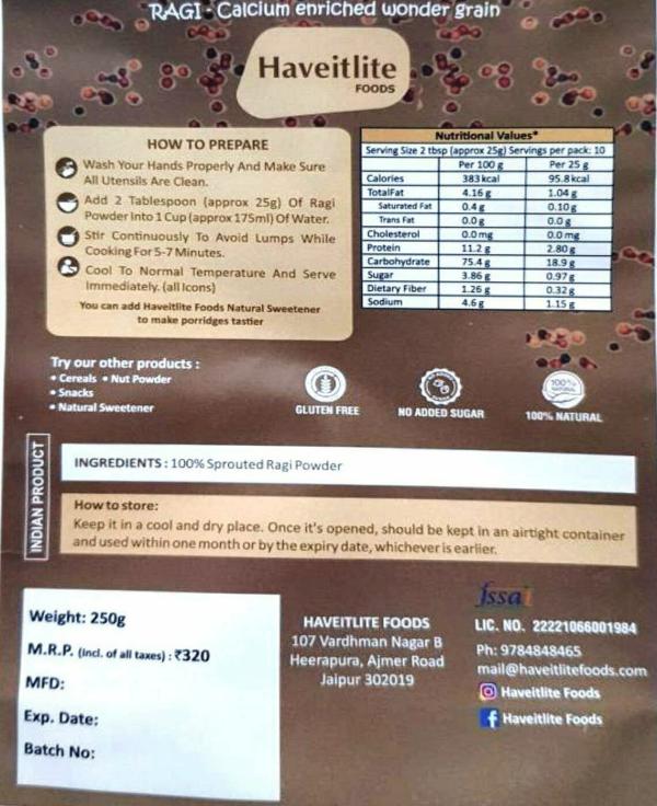 Haveitlite Foods Sprouted Ragi Powder / Nachni / Finger Millet Flour ...