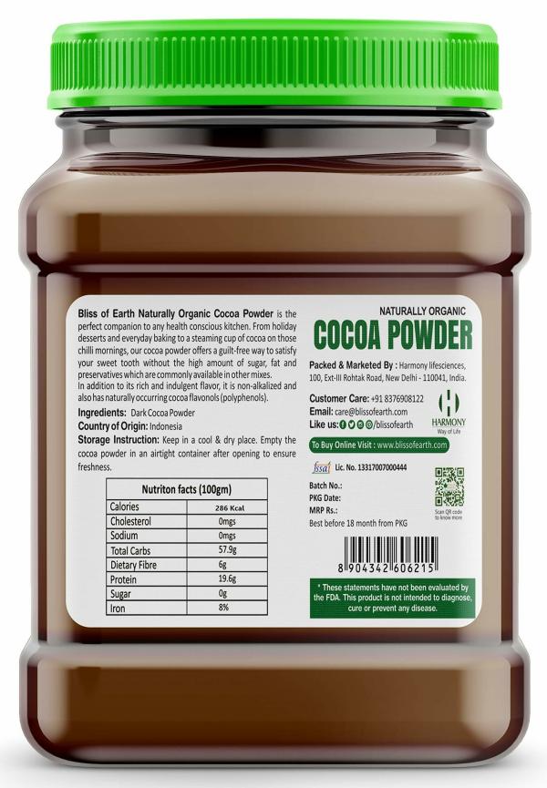 Bliss of Earth 500gm Naturally Organic Dark Cocoa Powder for Chocolate ...