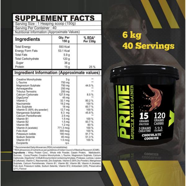 Bigflex Prime Muscle Mass Gainer, 6Kg [ Chocolate Cookies ] | High Protein and High Calorie Mass ...