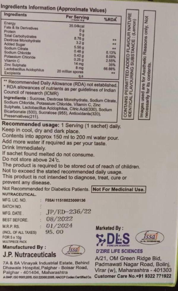 Dlyte Dextrose With Vitamin C Zine |Electrolytes & Probiotic 5x10 g ...