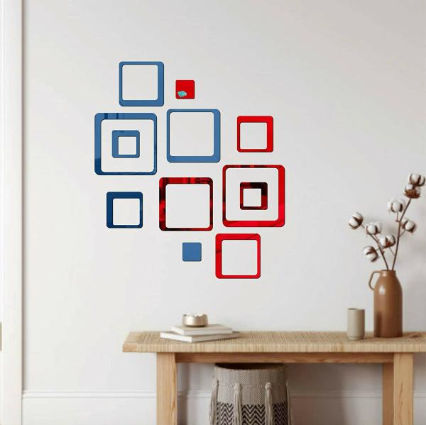 Look Decor Blue, Red Square Blue Red 3D Acrylic Mirror Wall Sticker ...