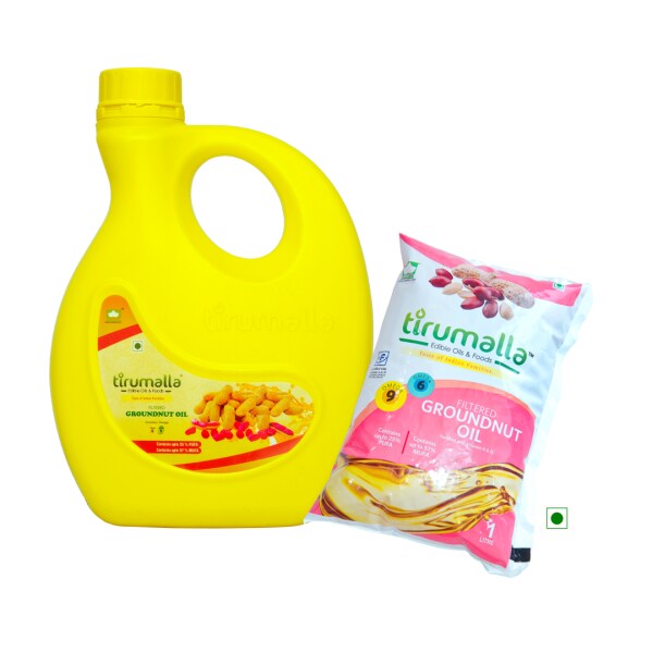 Tirumalla Filtered Groundnut Oil - 3 Liter, Combo Pack 2 Liter Jar & 1 Liter Pouch - JioMart