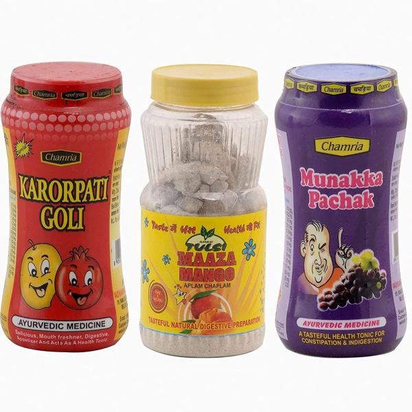 CHAMRIA KARORPATI GOLI 200GMS, MUNAKKA PACHAK 200GMS & MAAZA MANGO ...