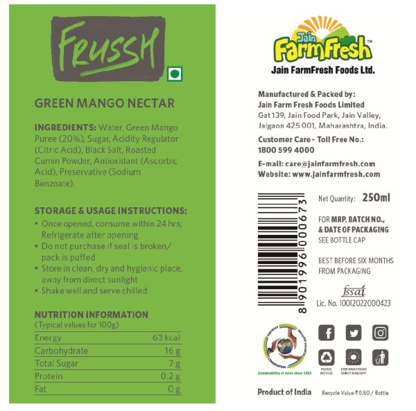 FRUSSH Green Mango 250ml Fruit Juice (Pack of 6) - JioMart