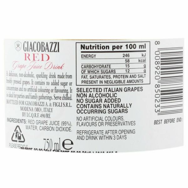Giacobazzi Modena Red Sparkling Non Alcoholic Wine, Grape Juice, 750ml ...