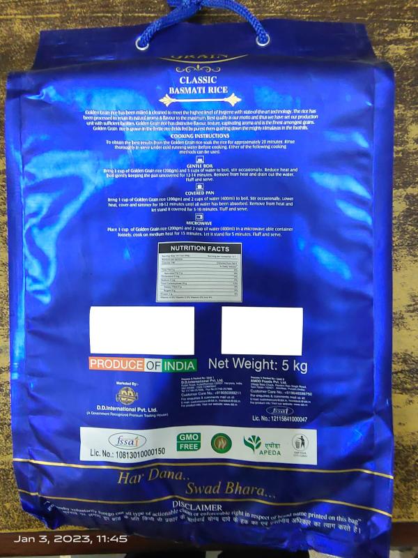GOLDEN GRAIN Classic Basmati Rice 5Kg + Silver Platinum Basmati Rice ...