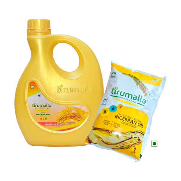 Tirumalla Physically Refined Rice Bran Oil - 3 Liter, Combo Pack of 2 Liter Jar & 1 Liter Pouch ...