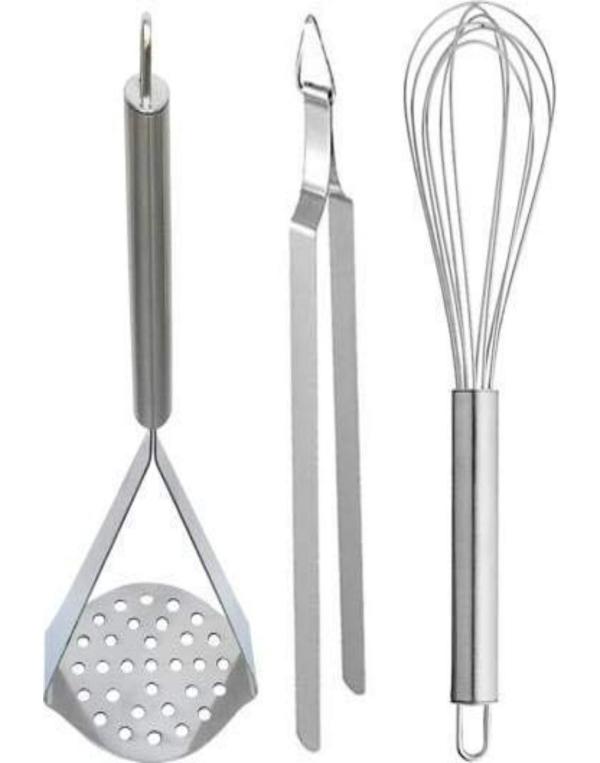Wofier Masher And Whisk And Tong Roti Chimta Silver Kitchen Tool Set ...