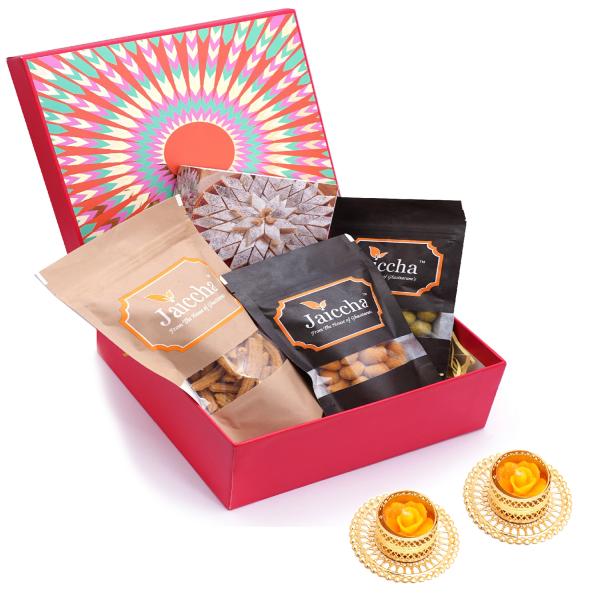 Jaiccha Ghasitarm Gifts Red hamper box of Kaju Katlis, Crunchy Coated ...