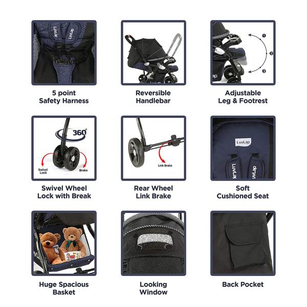 Luvlap Navy Black Galaxy Stroller Pram Extra Large Seating Space For ...