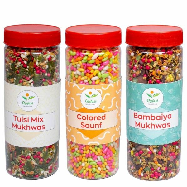 Chefast Bombaiya Mukhwas, Tulsi Mix Mukhwas & Colored Saunf Pack of 3 ...