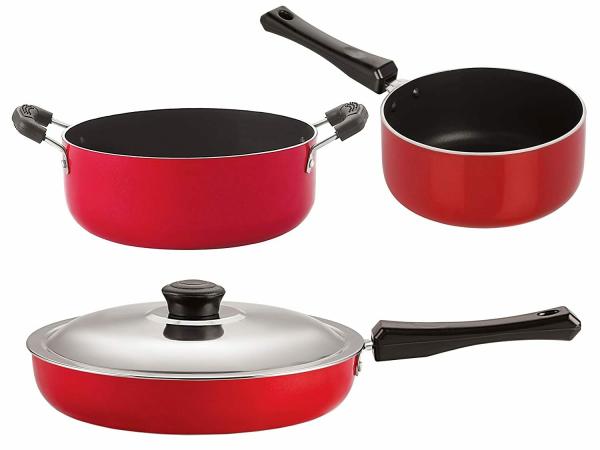 Nirlon Red Aluminium Non-Stick Cookware set with Lid 3 pcs ,2.6mm-fp13 ...