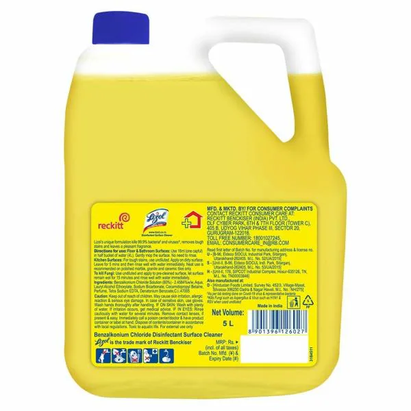 Lizol Disinfectant Surface & Floor Cleaner Liquid, Citrus - 5 Litre ...