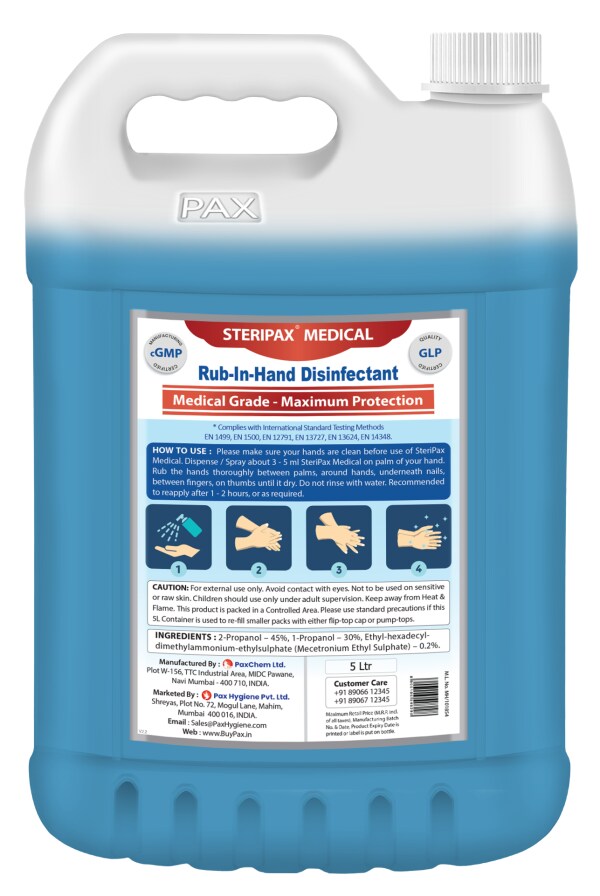 SteriPax Medical Grade Rub-In-Hand Disinfectant Sanitizer Liquid, 5L ...