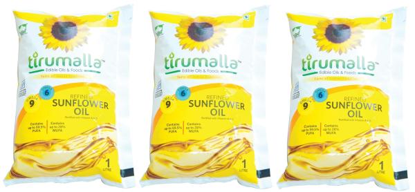 Tirumalla Refined Sunflower Oil - 3 Liter, Combo Pack of 3 x 1 Liter Pouch - JioMart