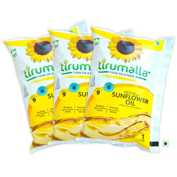 Tirumalla Refined Sunflower Oil - 3 Liter, Combo Pack of 3 x 1 Liter Pouch - JioMart
