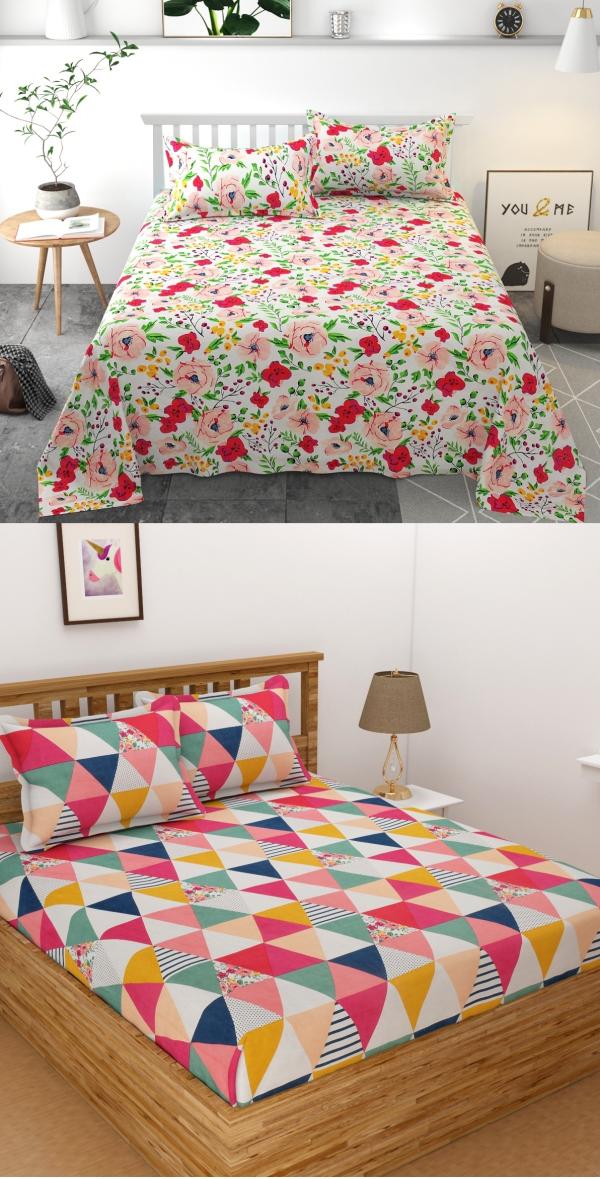 Homefab India 140 TC Cotton Double Printed Flat Bedsheet (Pack of 2 ...