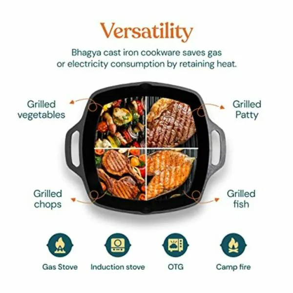 Bhagya Cast Iron Cookware Grill Pan Pre-Seasoned | Non-Stick Barbeque ...