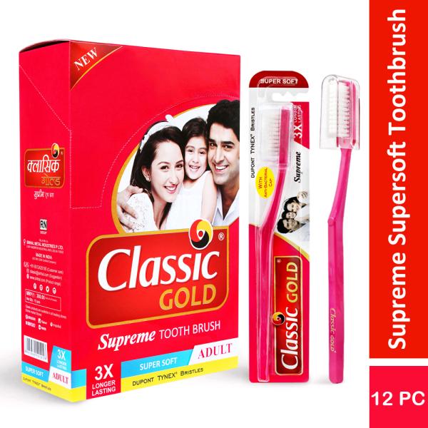 Classic Gold Supreme Super Soft Toothbrushes Pack Of 12 With New Anti ...