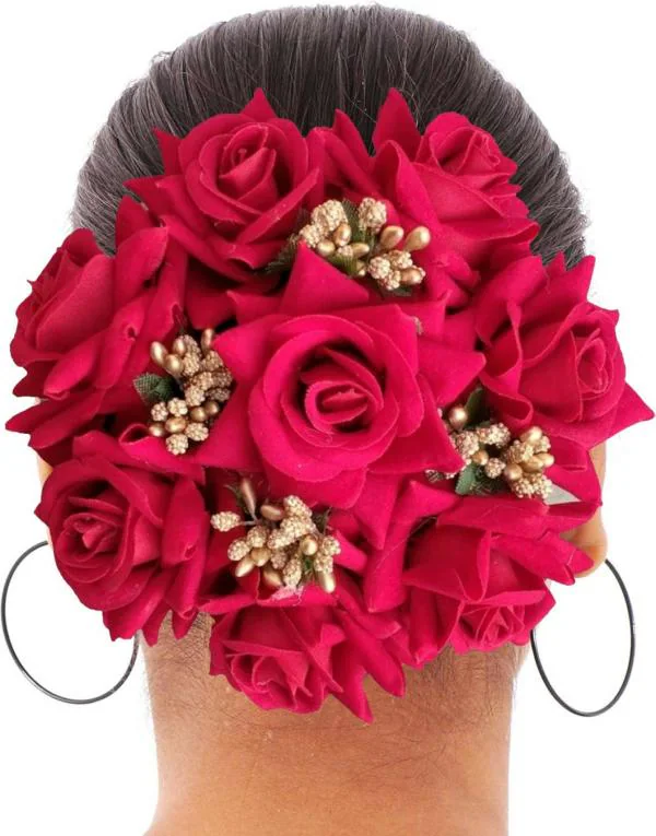 Clixfox Full Bun Red Rose Flower Bun for Bridal Hair Extension - JioMart