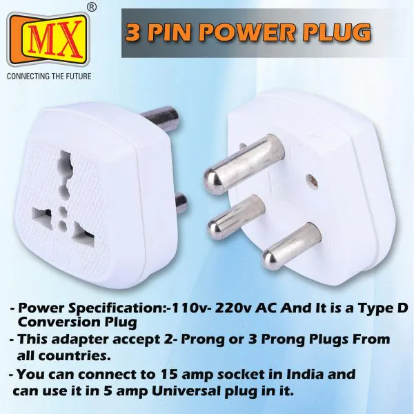 MX 3 PIN (Type-D) Universal Socket Plug,Worldwide Travel Adaptor, Multi ...