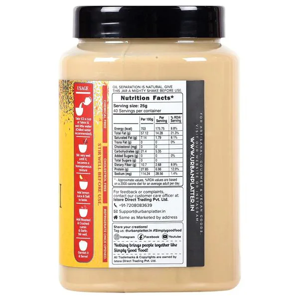 Urban Platter White Tahini Paste, 1Kg [100% Pure Hulled Ground Sesame ...