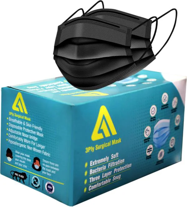 A1 Black Non Woven 3 Ply Face Mask With Nose Cap, Free Size (Pack Of ...