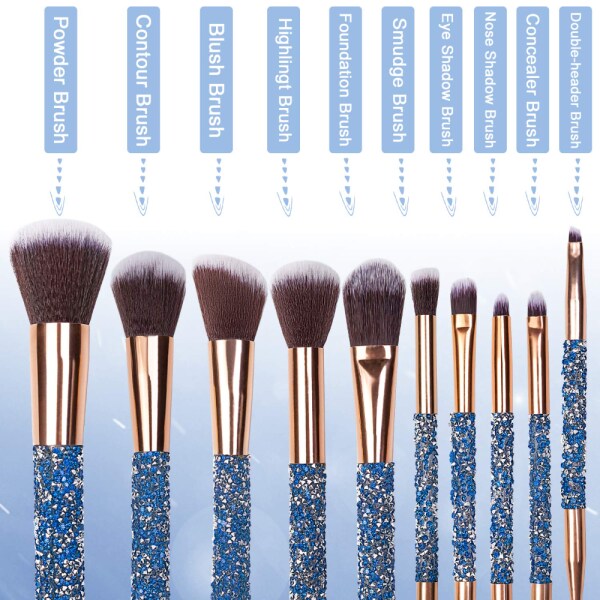 Roslet 10 pcs glitter sparkling makeup brush - Blue Makeup Brushes with ...