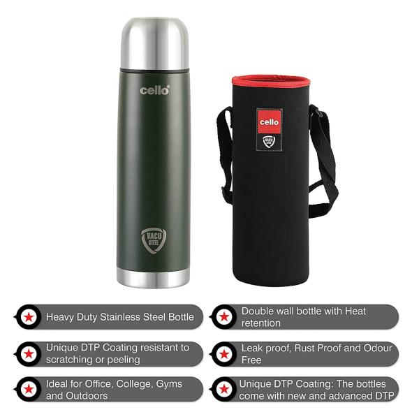 Cello Duro Tuff Steel Series- Flip Double Walled Stainless Steel Water Bottle with Durable DTP ...
