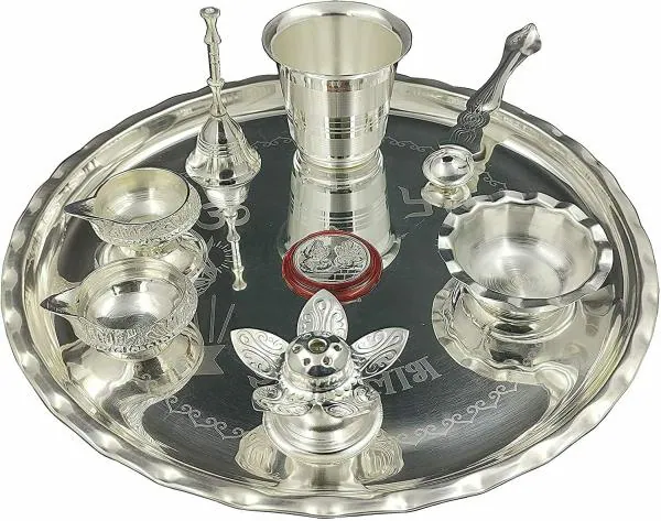 BENGALEN Silver Plated Pooja Thali Set 9.5 Inch with Coin Kuber Diya ...
