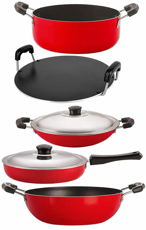 Nirlon Red Aluminium Non-Stick Cookware set with Lid 5 pcs - JioMart