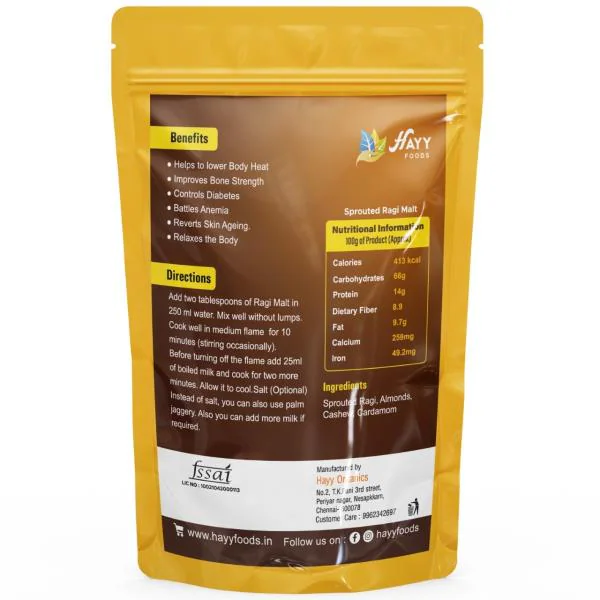 Hayy Foods Sprouted Ragi Malt - Finger Millet - Health Drink - Calcium Rich - Iron Rich 250g ...