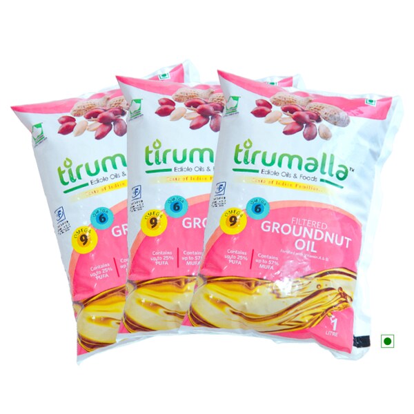 Tirumalla Filtered Groundnut Oil - 3 Liter, Combo Pack of 3 x 1 Liter Pouch - JioMart