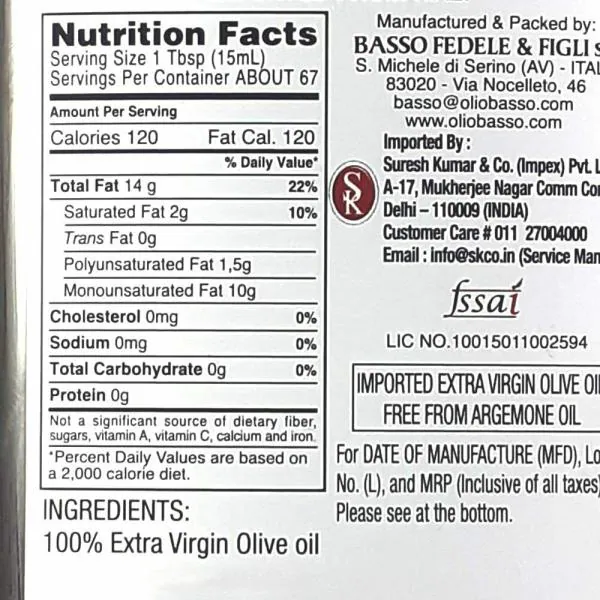 Basso Olive Oil Extra Virgin 5 L Tin| Packed in Italy| 100% Extra ...