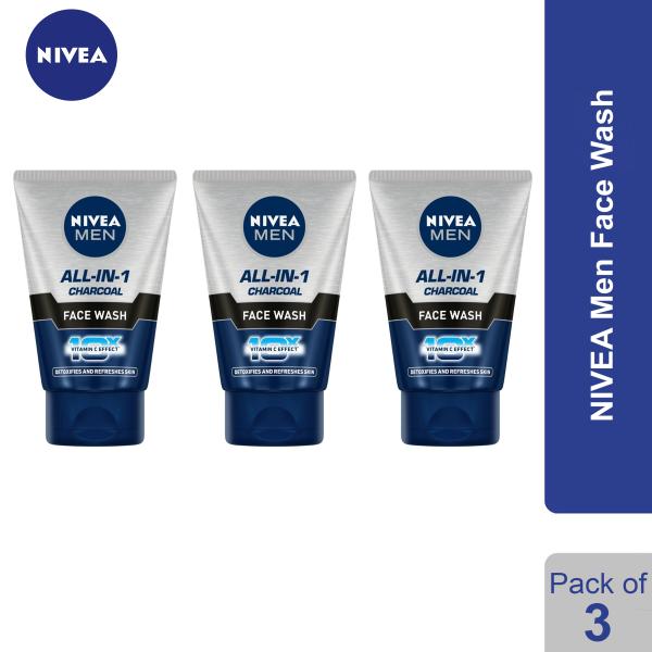 NIVEA Men Face Wash, All in 1 Charcoal, with 10x Vitamin C Effect, 100 ...