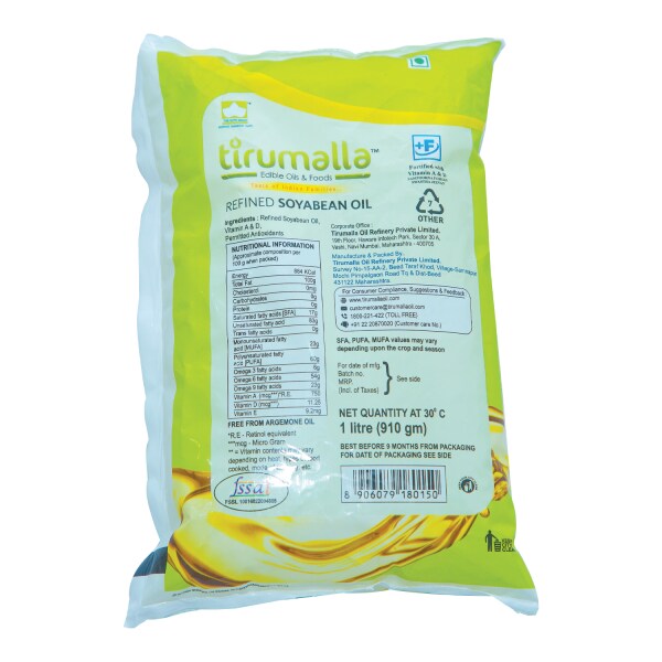 Tirumalla Refined Soyabean Oil 12 Liter - Combo pack of 12 x 1 Liter Pouch - JioMart