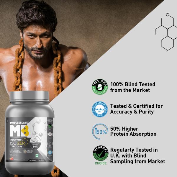 MuscleBlaze Biozyme Iso-Zero, Zero Carb, 100% Pure Whey Protein Isolate ...