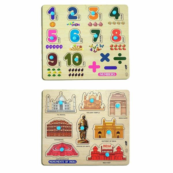 Grest Mini Wooden Numbers and Monuments Puzzle with Knobs, Educational ...