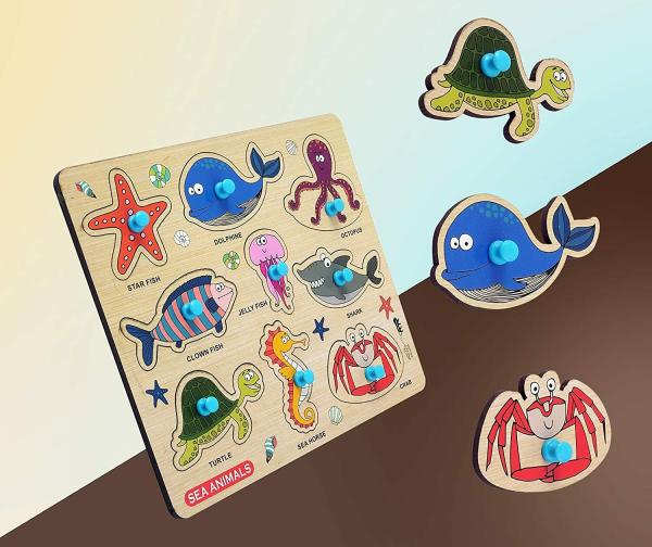 Grest Mini Wooden Sea Animals Puzzle with Knobs, Educational and ...