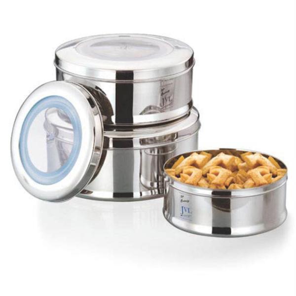 JVL Silver Stainless Steel Round Container Poori Roti Dabbatin 2.10L, 3 ...