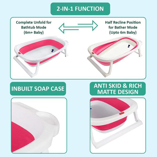Luvlap Pink Splash 2 In 1 Folding Baby Bath Tub Cum Baby Bather With ...
