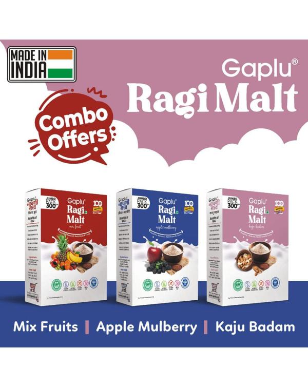 Gaplu Mix Fruits, Apple Mulberry and Kaju Badam Ragi Malt 900g (Pack of ...