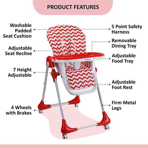 Luvlap Red Royal Highchair With 7 Height Levels 3 Position Seat Recline ...