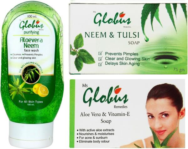 Globus Aloe Vera Neem Face Wash, Aloe Vera Vitamin E Soap And Neem ...