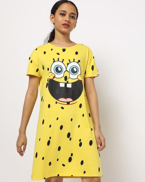Sponge Bob Print Night Dress with Drop Shoulders - JioMart