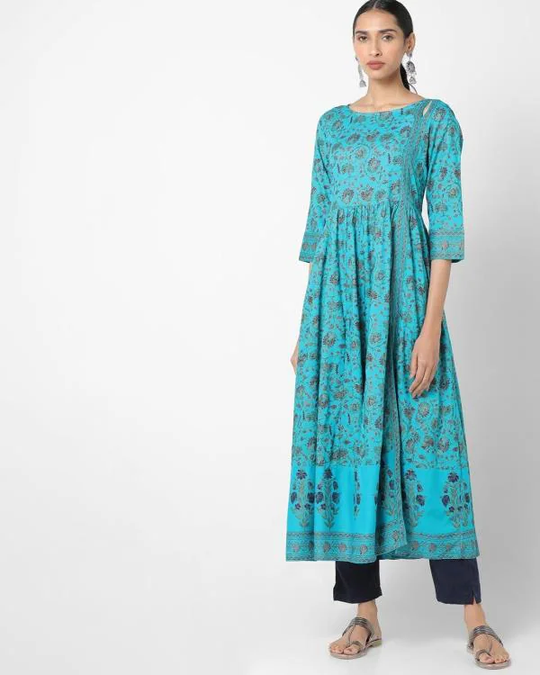 Floral Print Flared Kurta with Cutout Neckline - JioMart