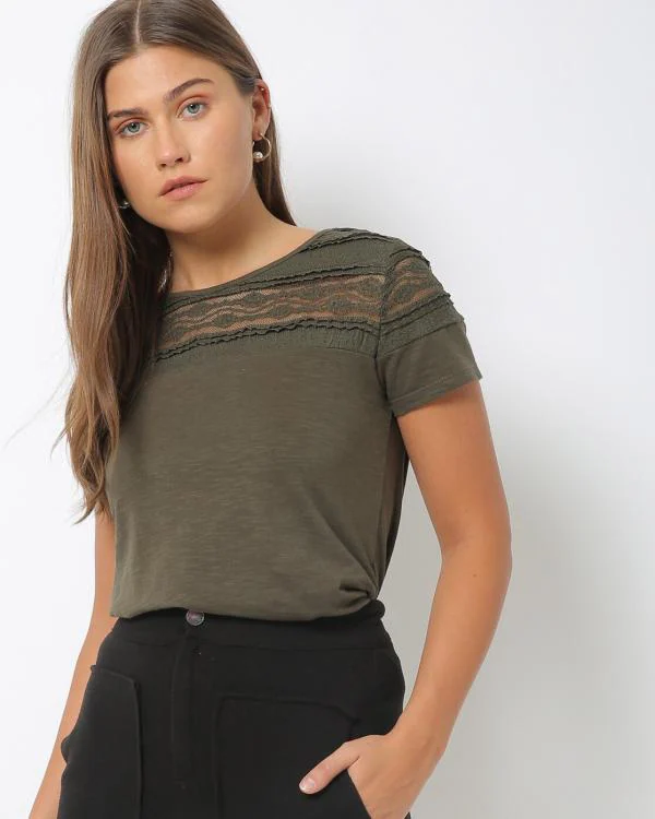 Round-Neck T-shirt with Lace Inserts - JioMart