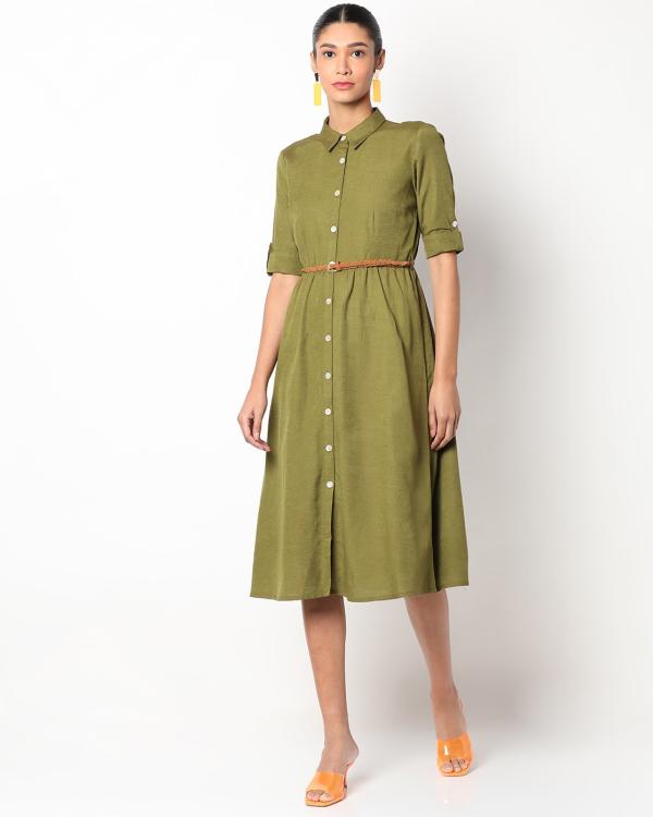A-line Shirt Dress with Waist Belt - JioMart